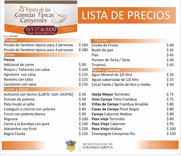 Estos serán los precios de las Comidas Típicas Caroyenses